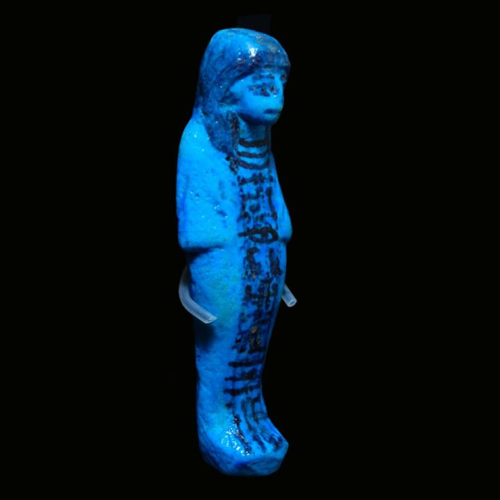 Large blue-glazed Egyptian mummiform shabti, mentioning as the owner ...
